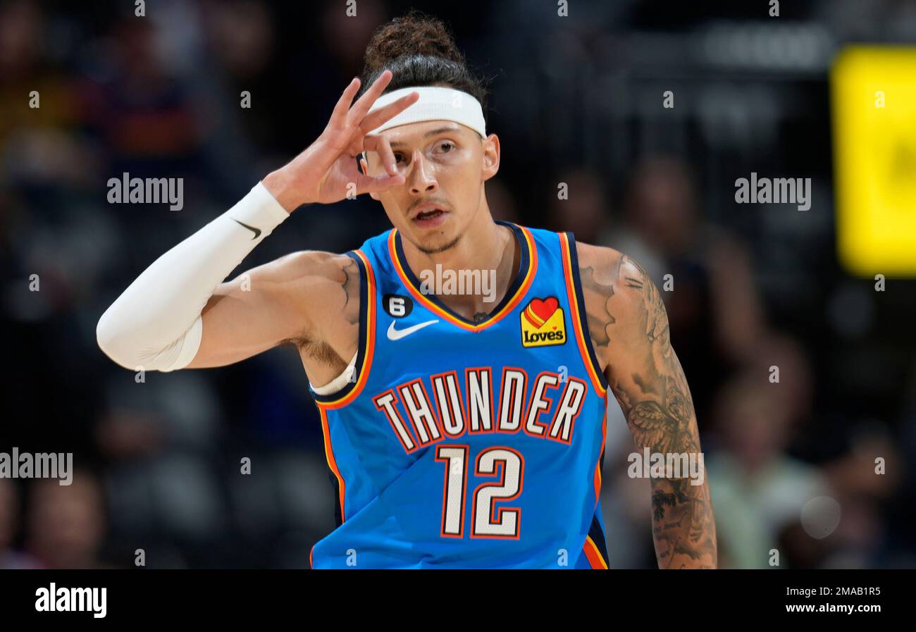 Oklahoma City Thunder forward Lindy Waters III gestures to the bench after hitting a 3-point ...