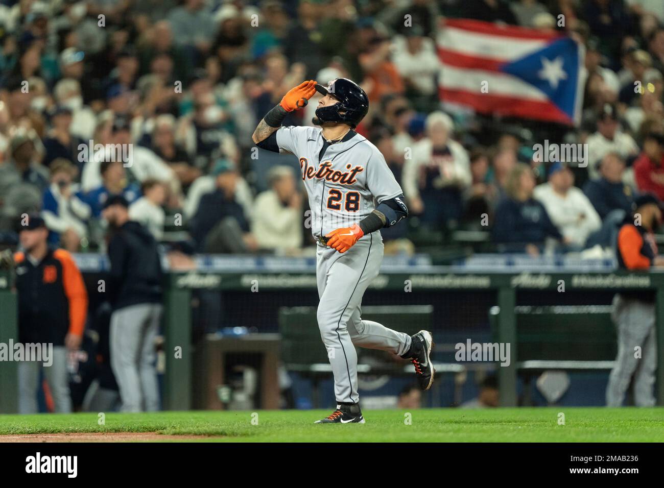 Detroit Tigers' Javier Baez celebrates while rounding the bases after ...