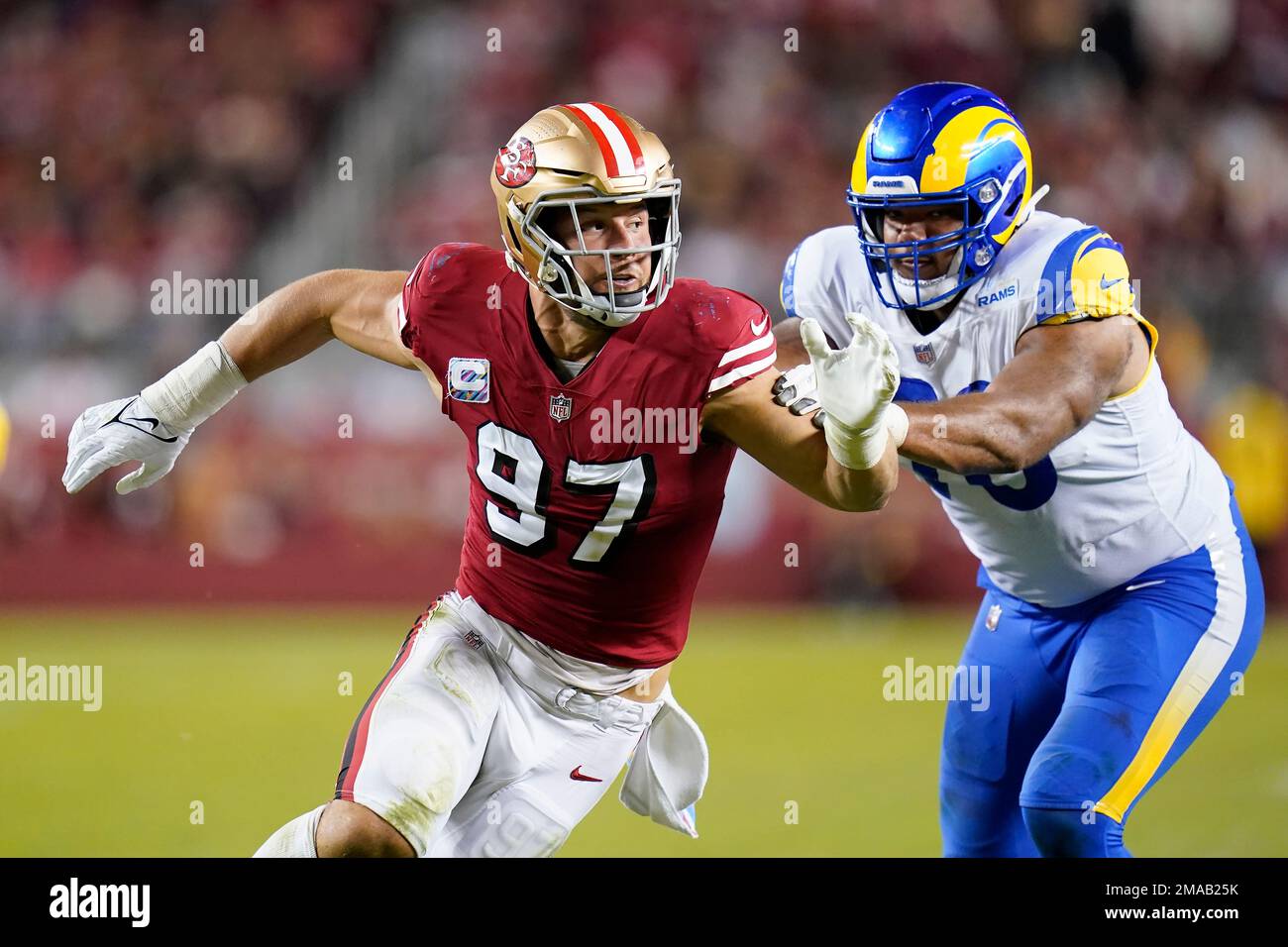 San Francisco 49ers defensive end Nick Bosa (97) rushes against Los ...