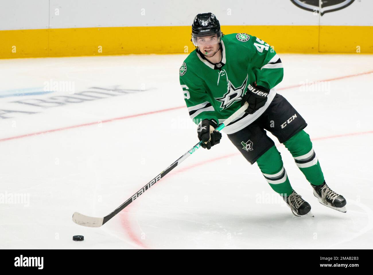 Dallas Stars defenseman Ryan Shea (46) looks for an open teammate to ...