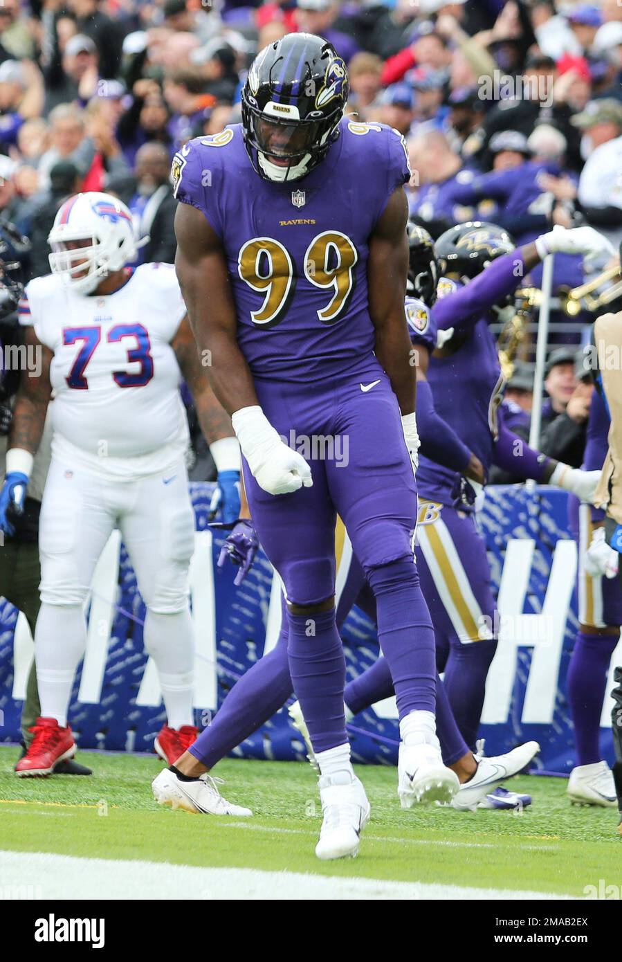 Baltimore Ravens linebacker Odafe Oweh (99) celebrates during an NFL ...