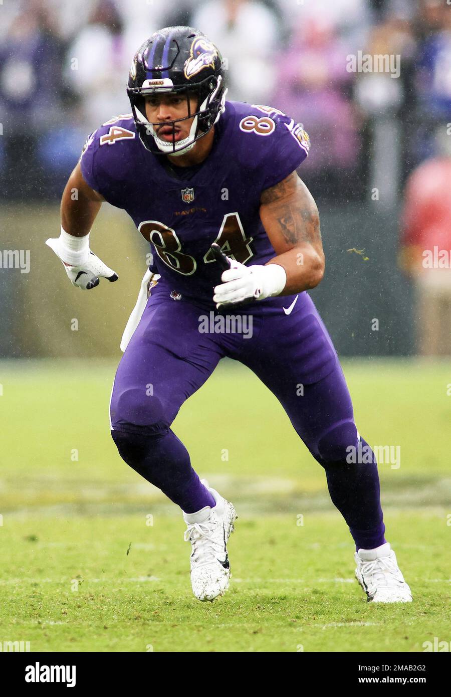 Baltimore Ravens tight end Josh Oliver (84) runs during an NFL football ...