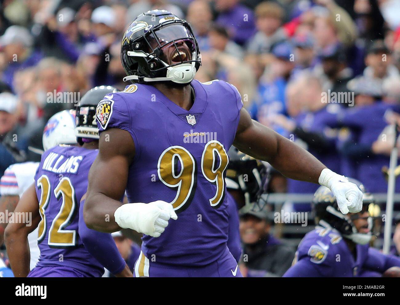 Baltimore Ravens linebacker Odafe Oweh (99) celebrates during an NFL ...