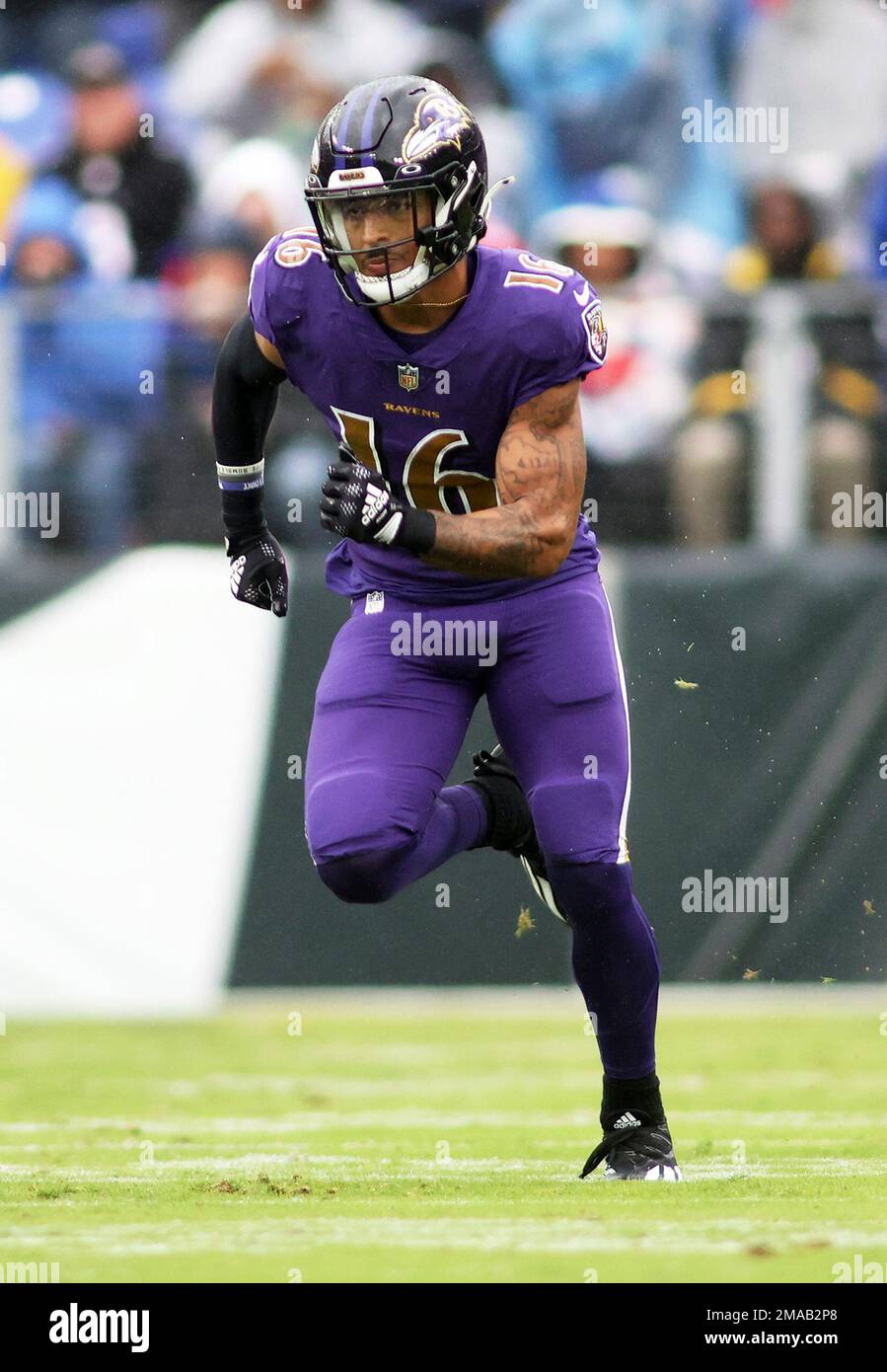 Baltimore Ravens wide receiver Tylan Wallace (16) runs during an NFL ...