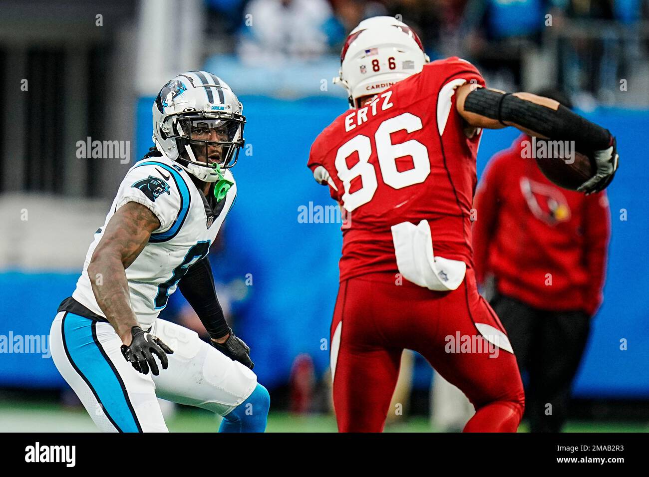 Carolina Panthers cornerback Jaycee Horn (8) prepares to tackle Arizona ...