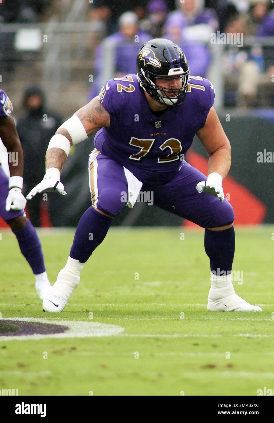 Baltimore Ravens guard Ben Powers (72) blocks during an NFL football ...