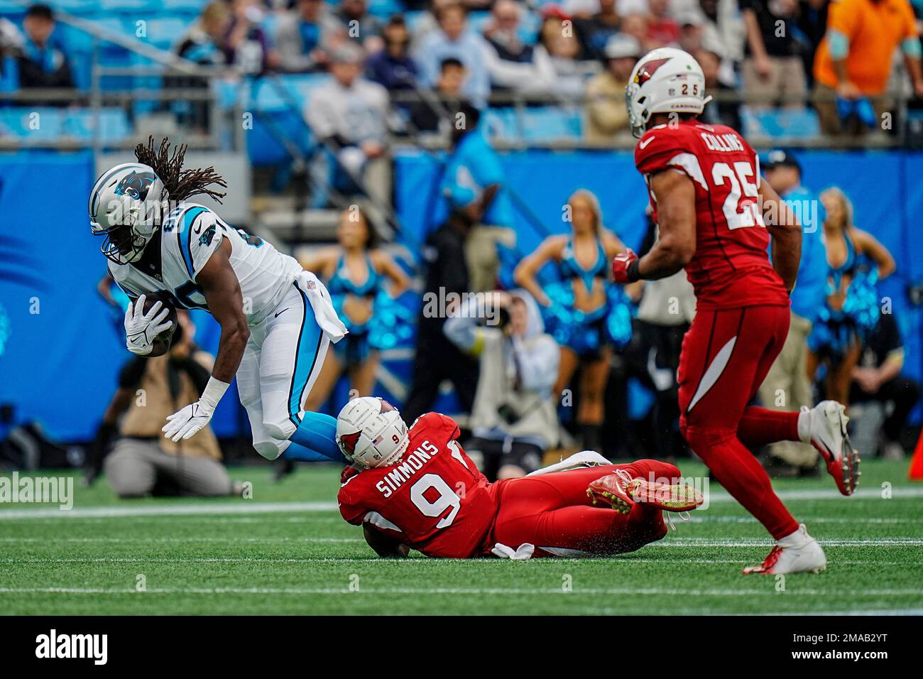 Carolina Panthers tight end Ian Thomas (80) gets tackled by Arizona ...