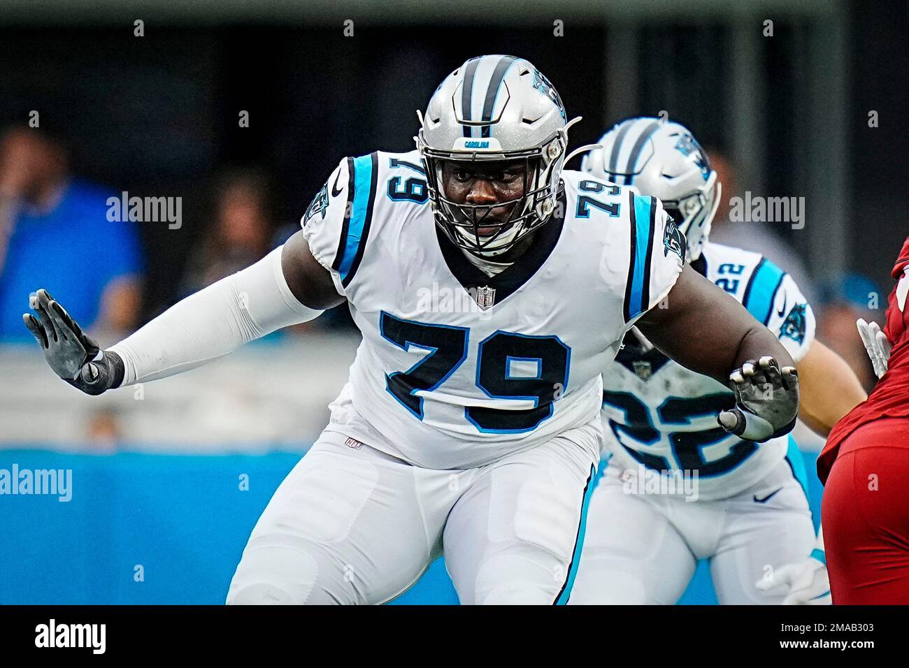 Carolina Panthers offensive tackle Ikem Ekwonu (79) looks for a block ...