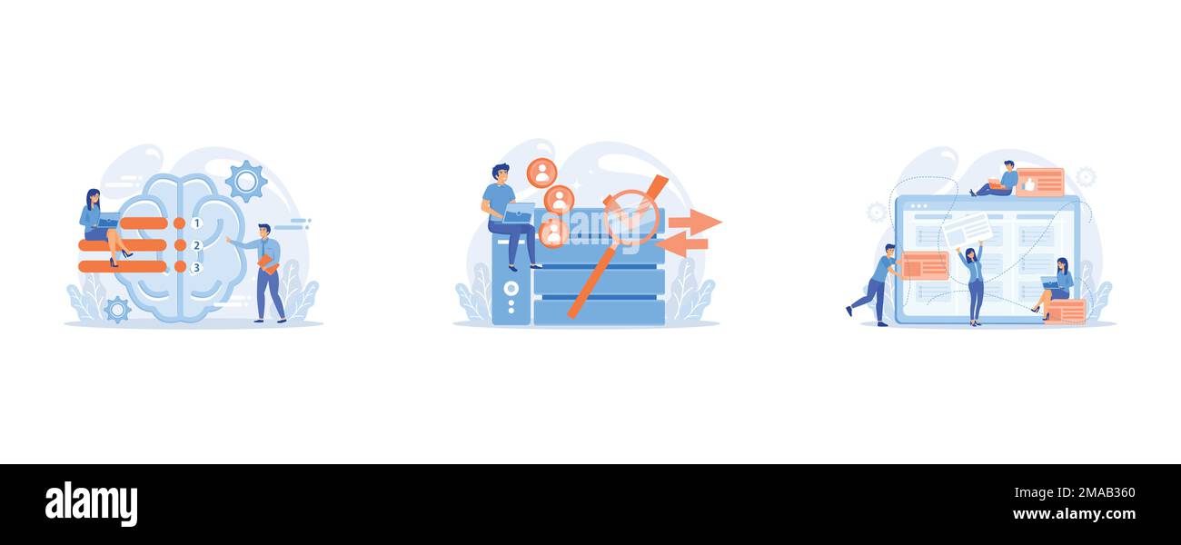 Brain with tasks and users with laptops planning, Developer working ... Brain with tasks and users with laptops planning, Developer working ...