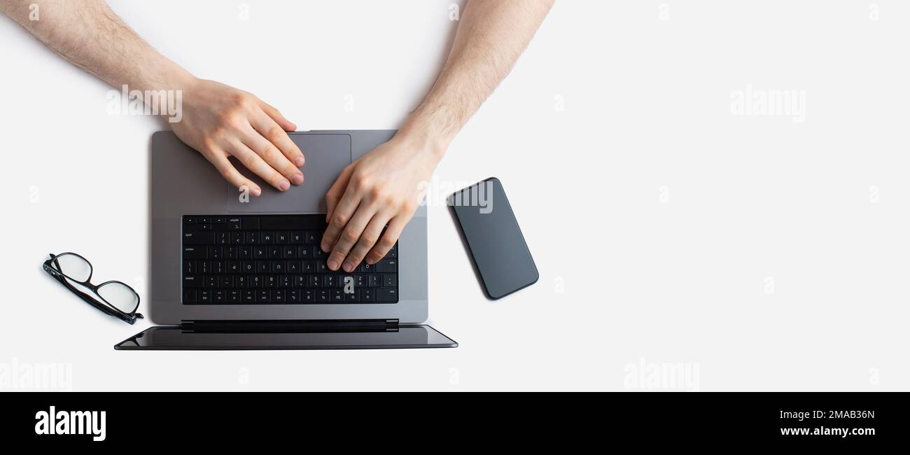 Manager hands using touchpad laptop hi-res stock photography and images ...