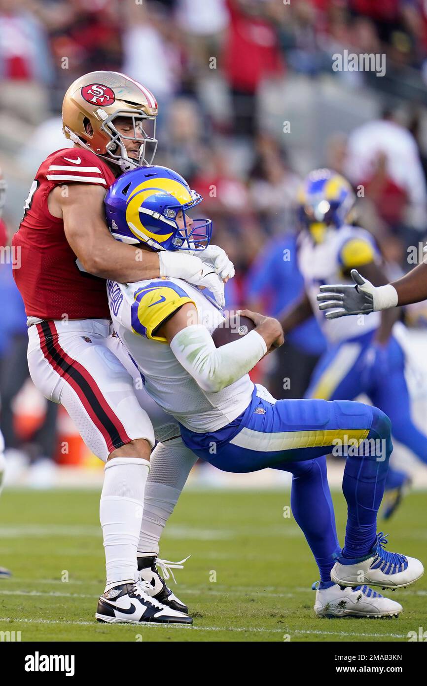 San Francisco 49ers defensive end Nick Bosa, left, sacks Los Angeles ...