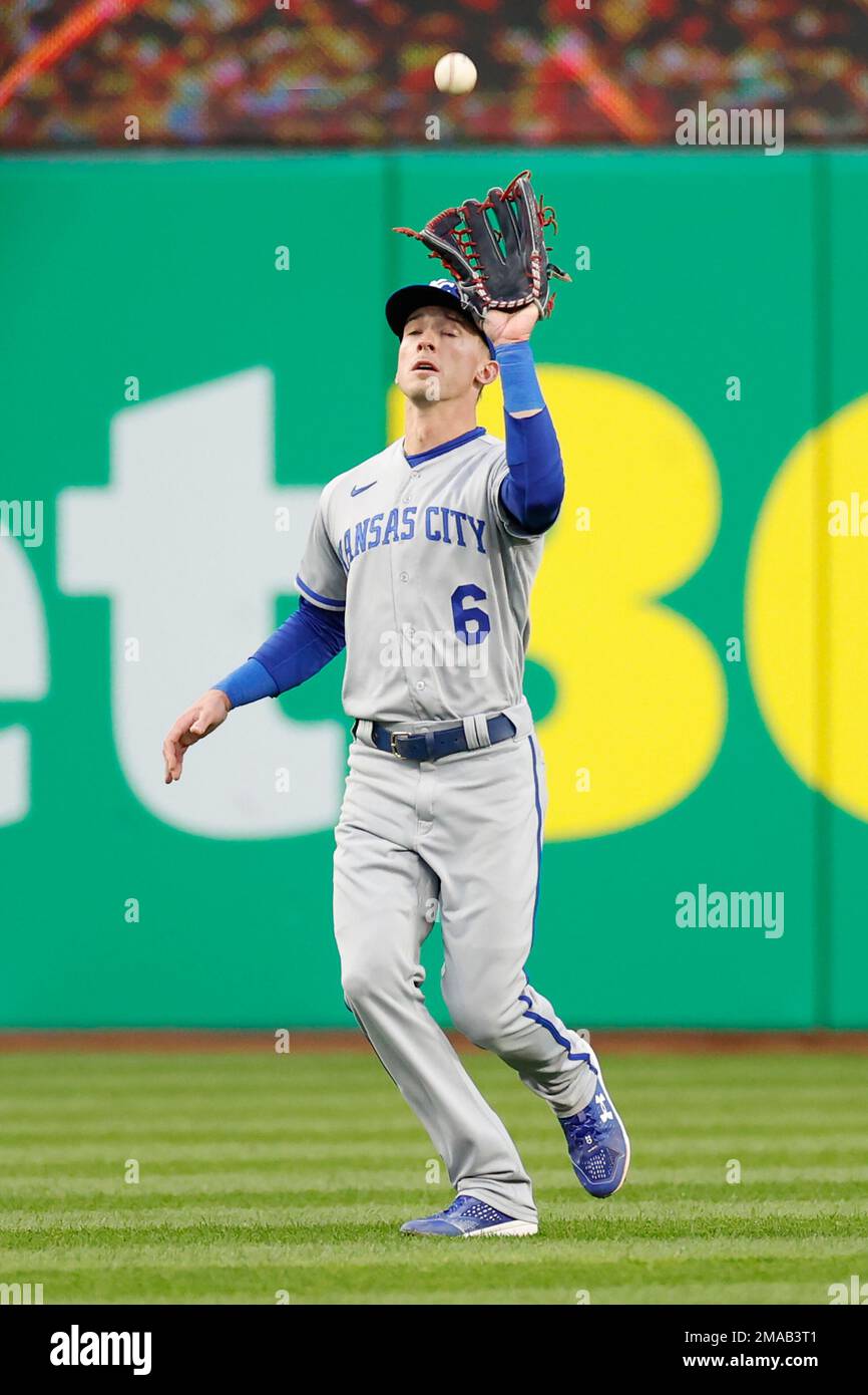 Kansas City Royals left fielder Drew Waters makes a catch to get out ...