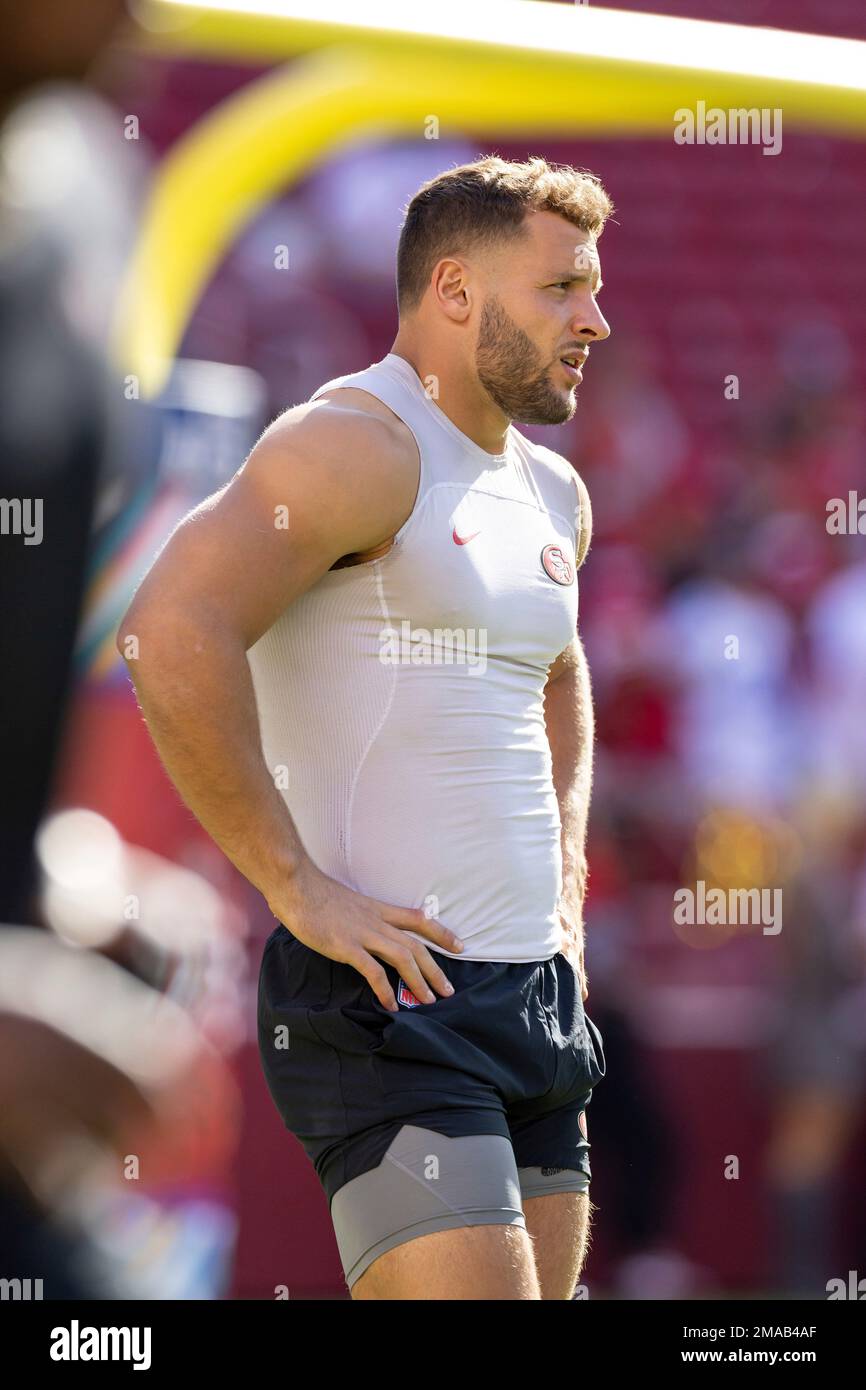 Defensive lineman (97) Nick Bosa of San Francisco 49ers warms up before ...