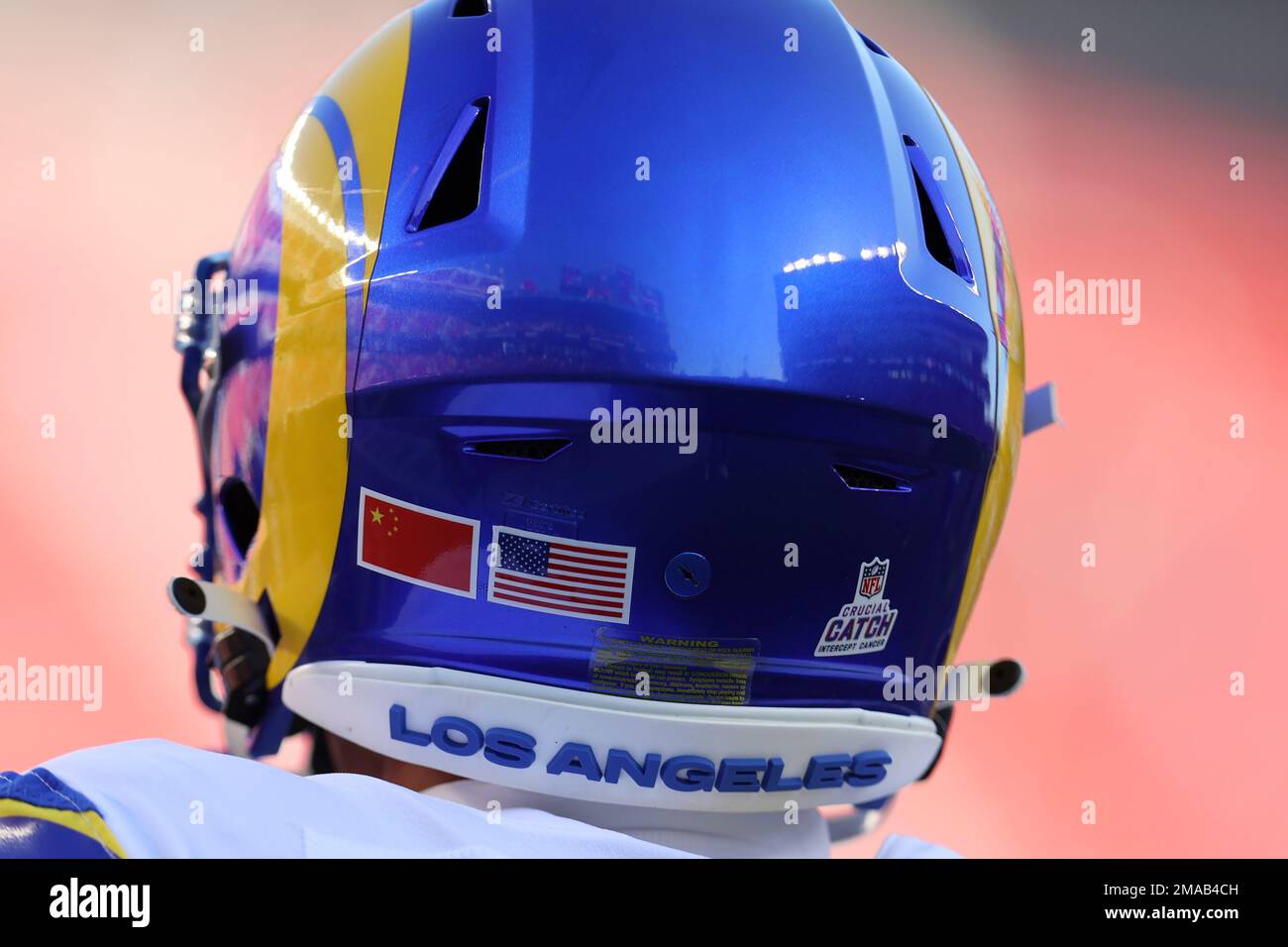 Los Angeles Rams safety Taylor Rapp wears an international flag decal ...