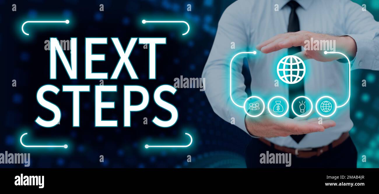 Hand writing sign Next Steps. Business showcase numper of process going ...