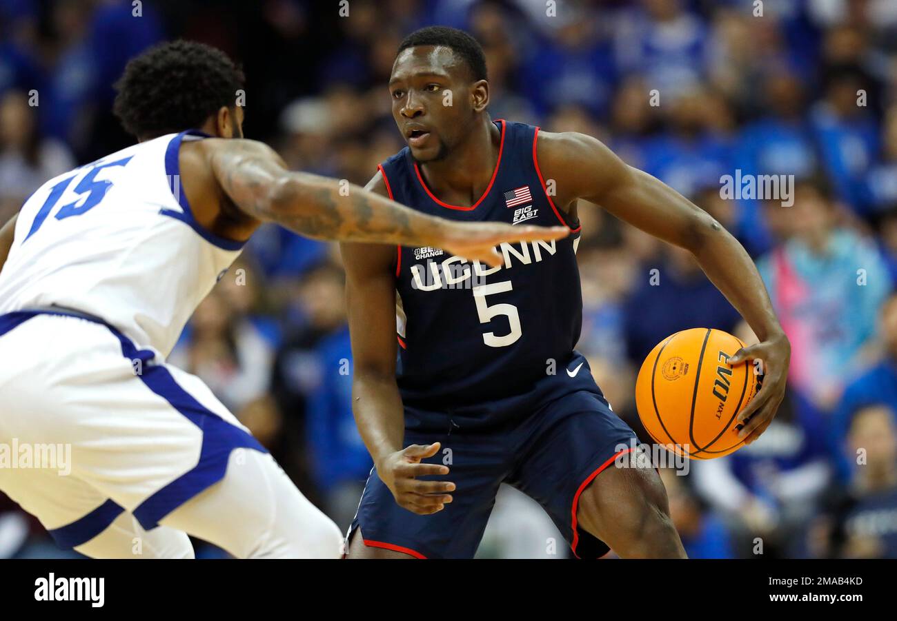 UConn guard Hassan Diarra (5) drives to the basket against Seton Hall ...