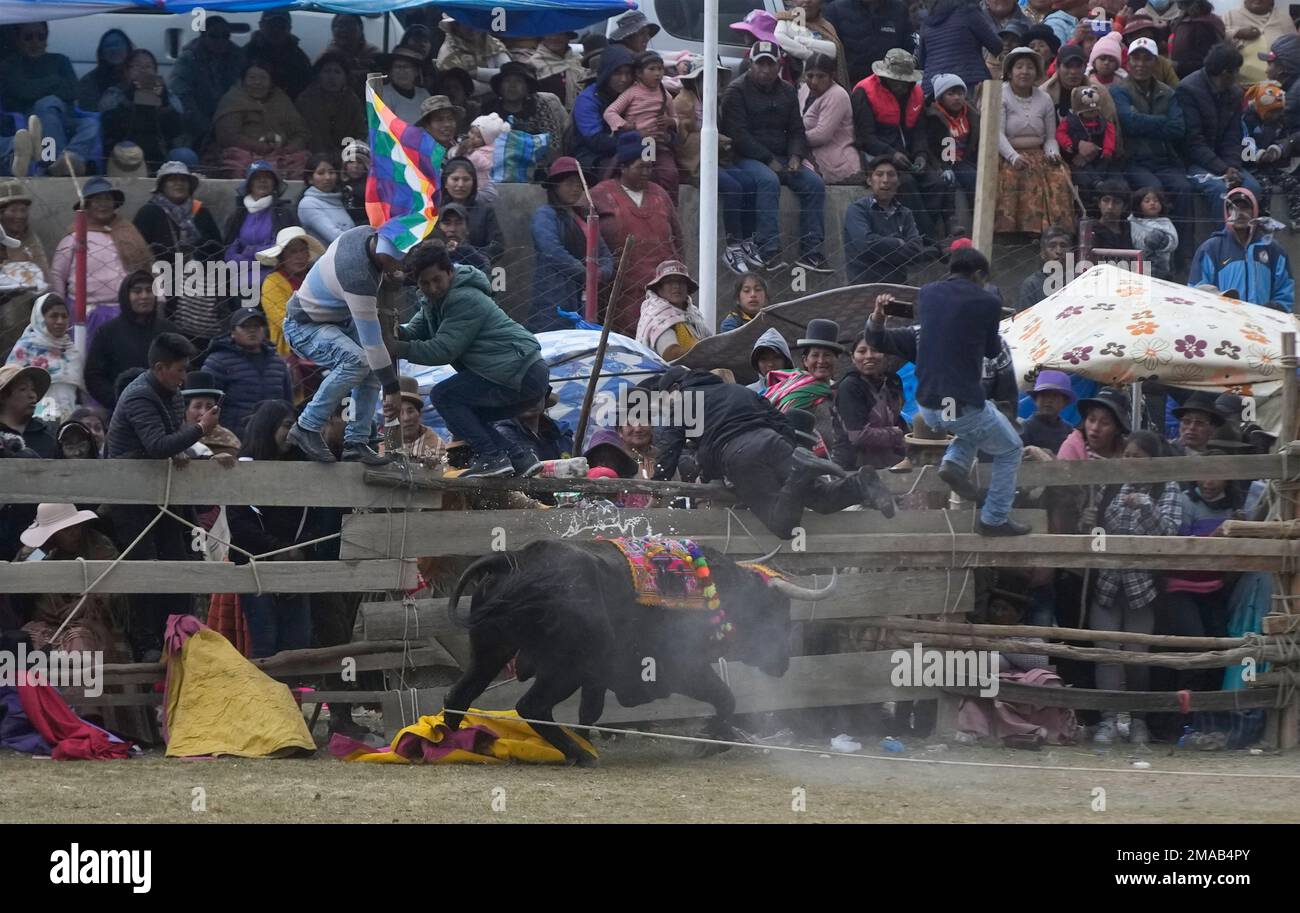 Spectators flee from a bull during the Our Lady of the Rosary festival ...