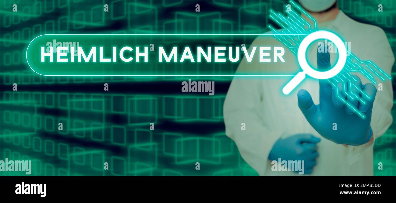 Hand writing sign Heimlich Maneuver. Word Written on application of ...