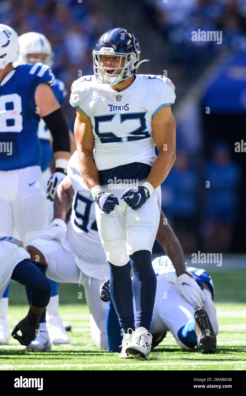 Tennessee Titans linebacker Dylan Cole (53) celebrates a tackle during ...