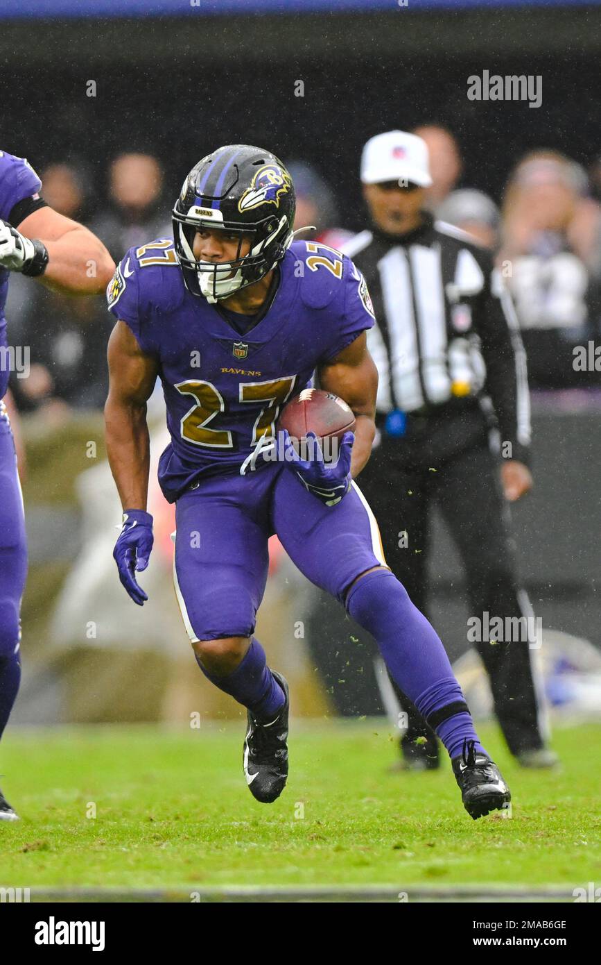 Baltimore Ravens running back J.K. Dobbins (27) runs the ball during ...