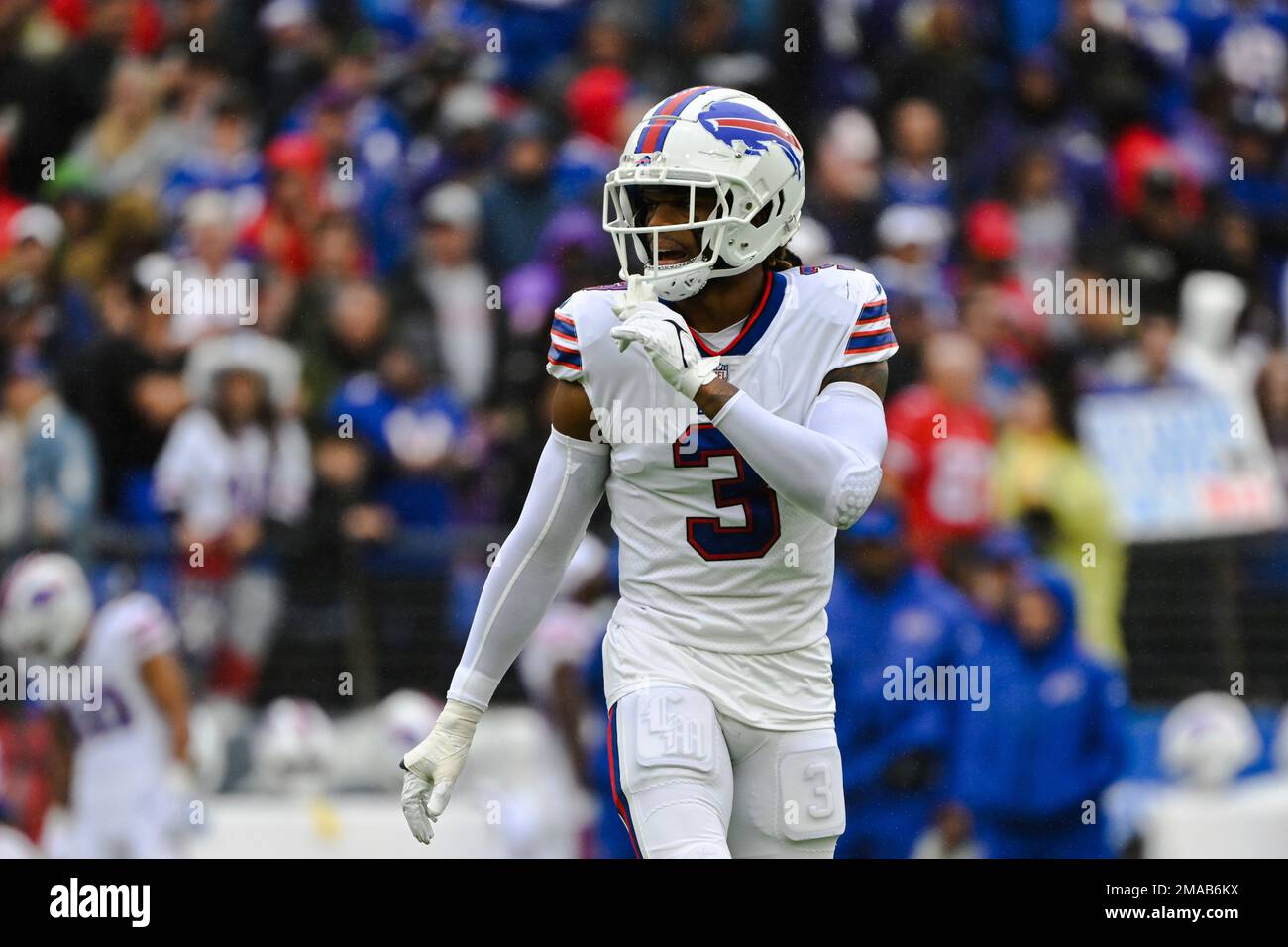 Buffalo Bills safety Damar Hamlin (3) looks on between plays during the ...