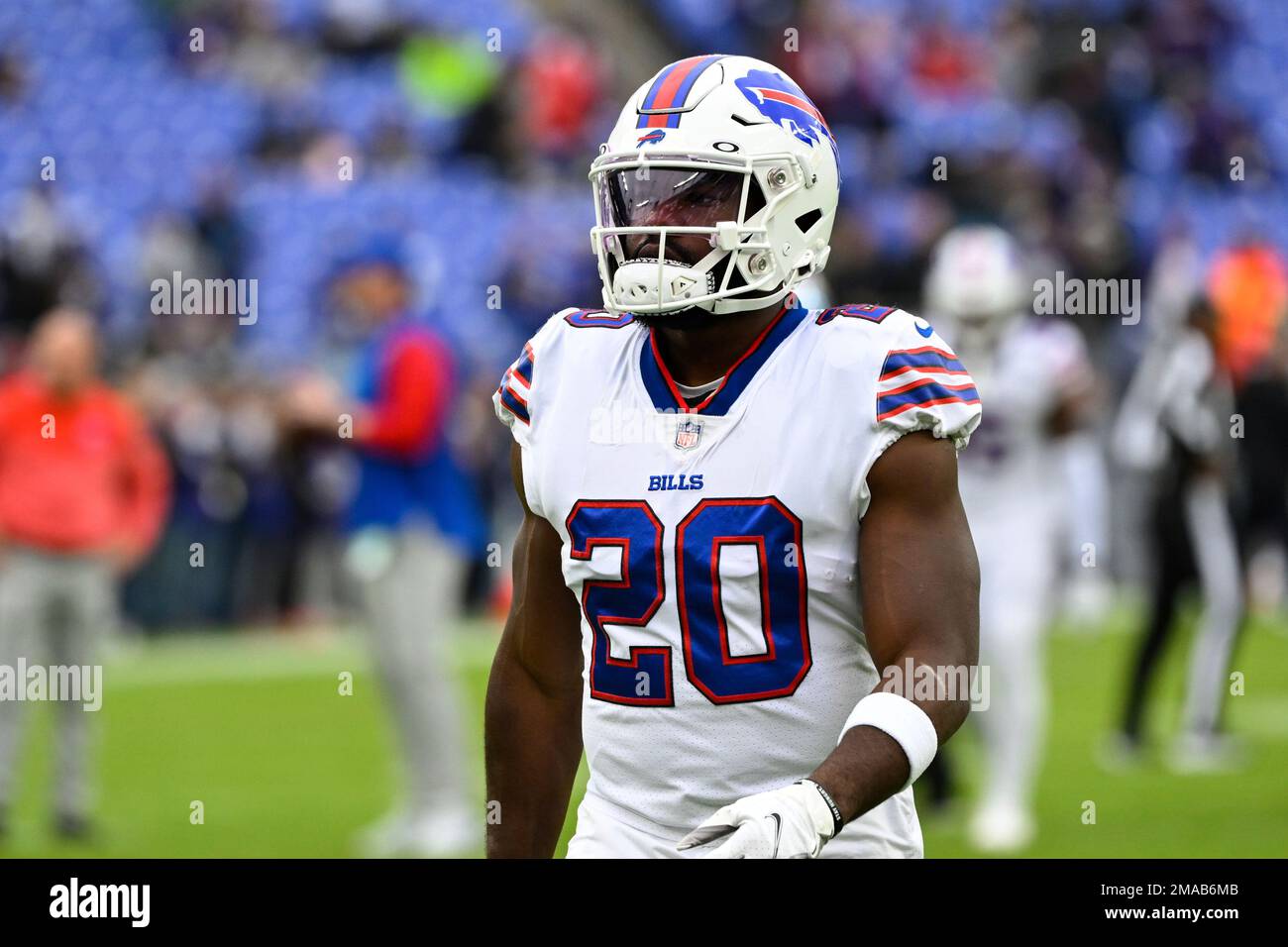Buffalo Bills running back Zack Moss (20) looks on during pre-game warm ...