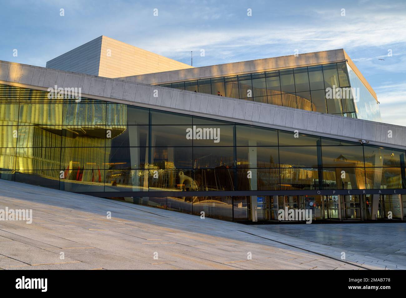 Exterior detail of the modern Oslo Opera House with main entrance in ...