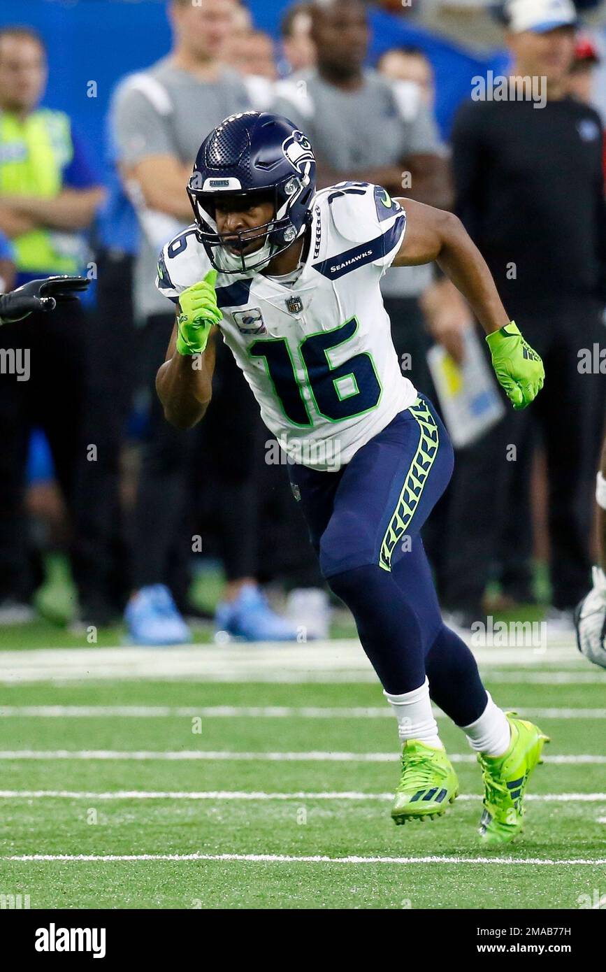 Seattle Seahawks wide receiver Tyler Lockett (16) breaks off the line ...