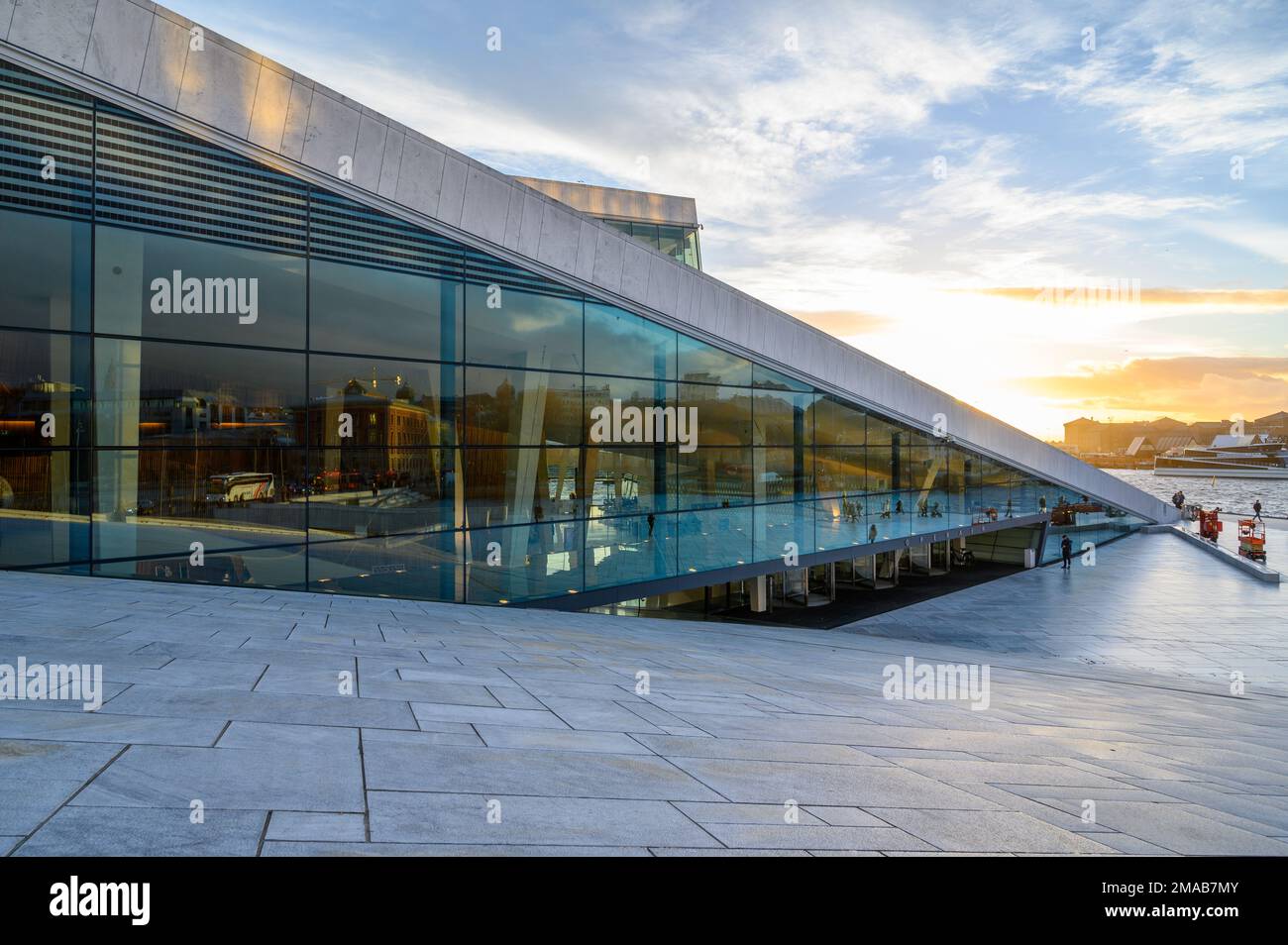 Exterior detail of the modern Oslo Opera House with main entrance in ...