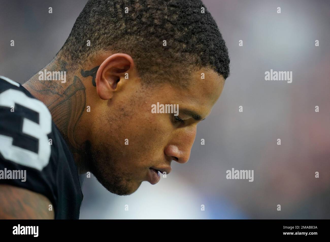 Las Vegas Raiders tight end Darren Waller looks on during the second ...