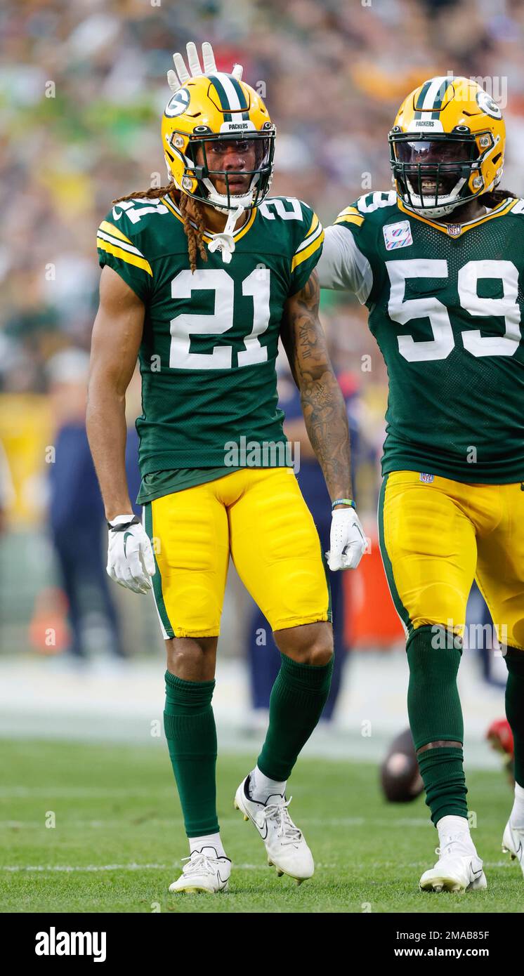 Green Bay Packers cornerback Eric Stokes (21) reacts during an NFL ...