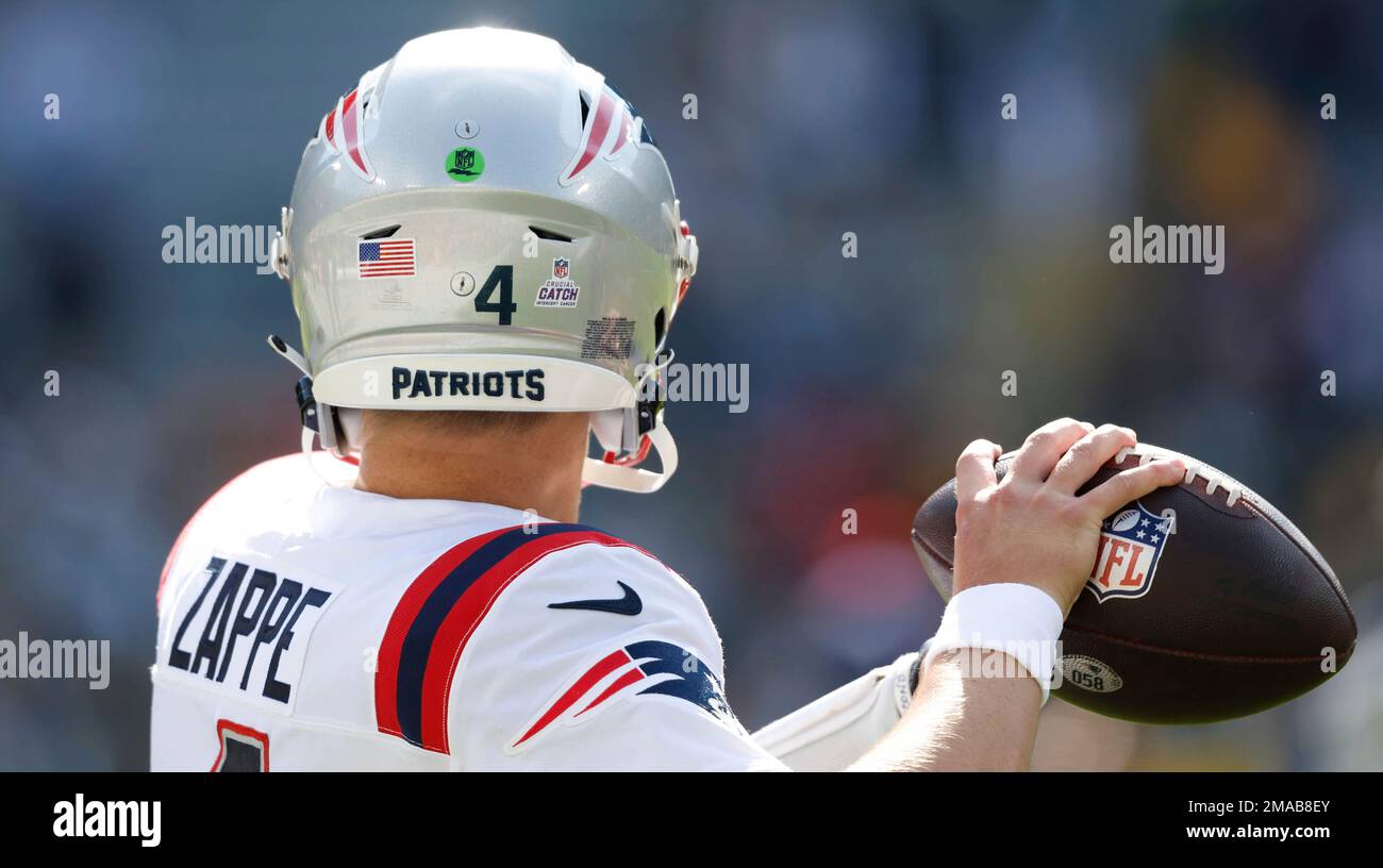 New England Patriots quarterback Bailey Zappe (4)practices before an ...