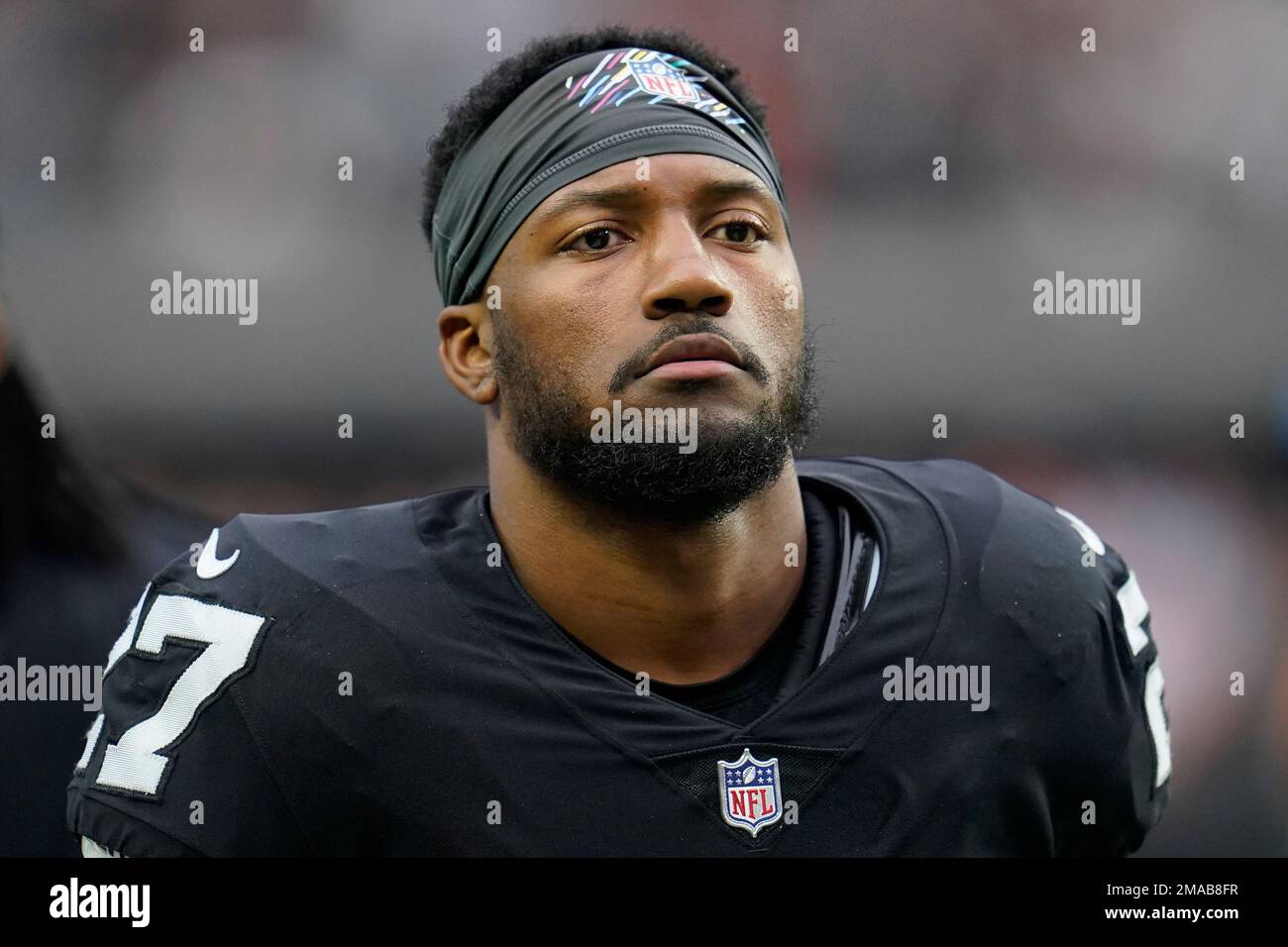 Las Vegas Raiders cornerback Sam Webb walks off the field at halftime ...
