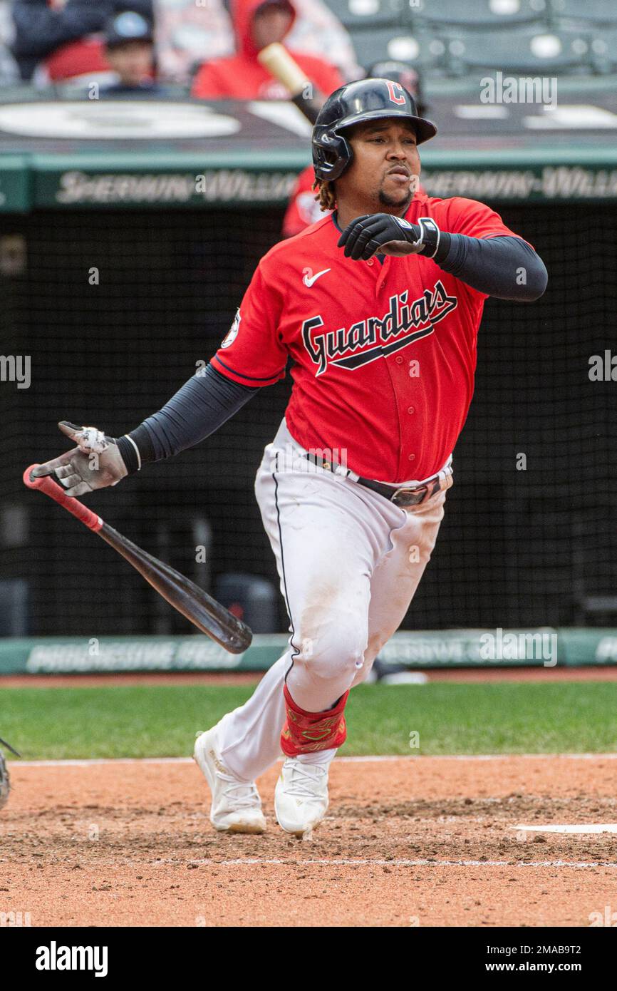 Cleveland Guardians' Jose Ramirez watches his single off Kansas City ...