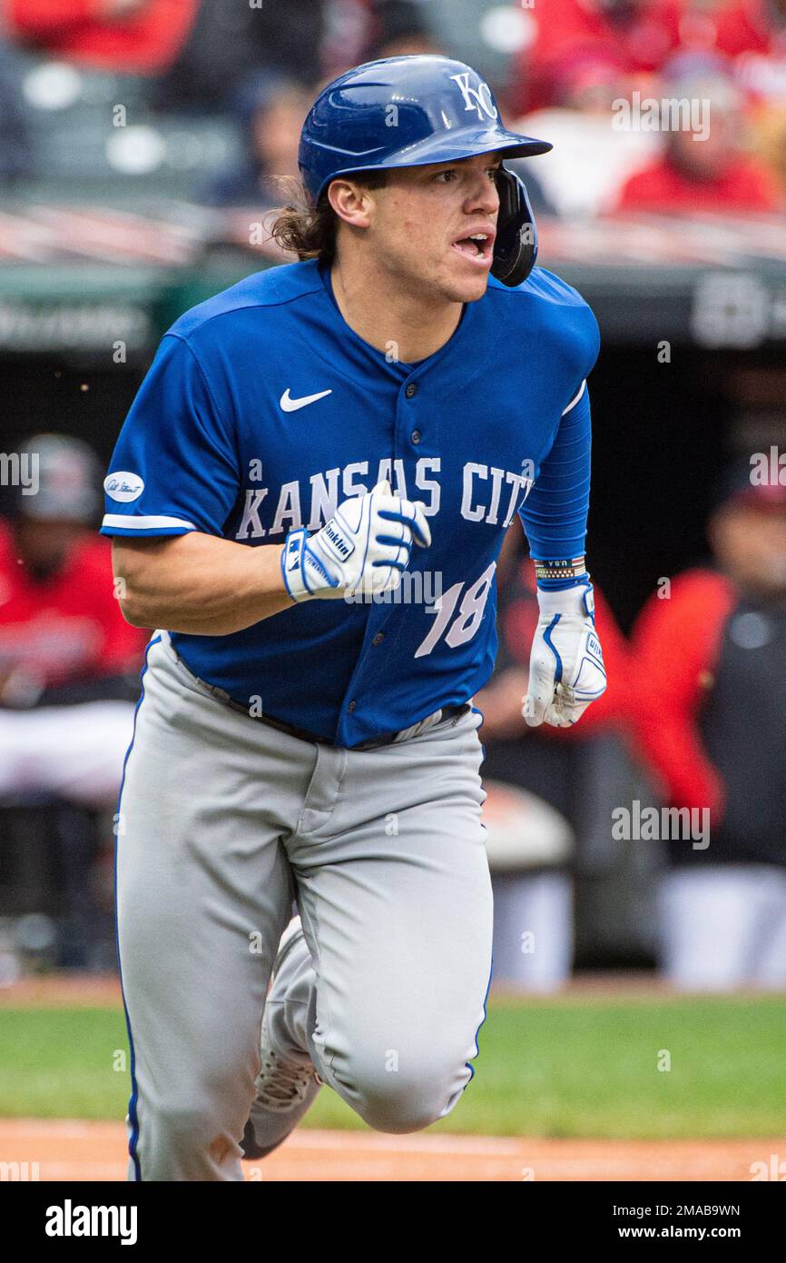 Kansas City Royals' Nate Eaton watches his single off Cleveland ...