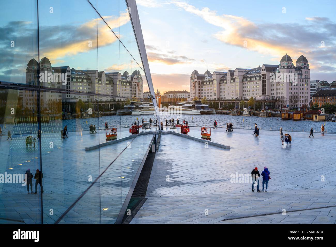 Glass facade detail of the modern Oslo Opera House with Havnelageret ...