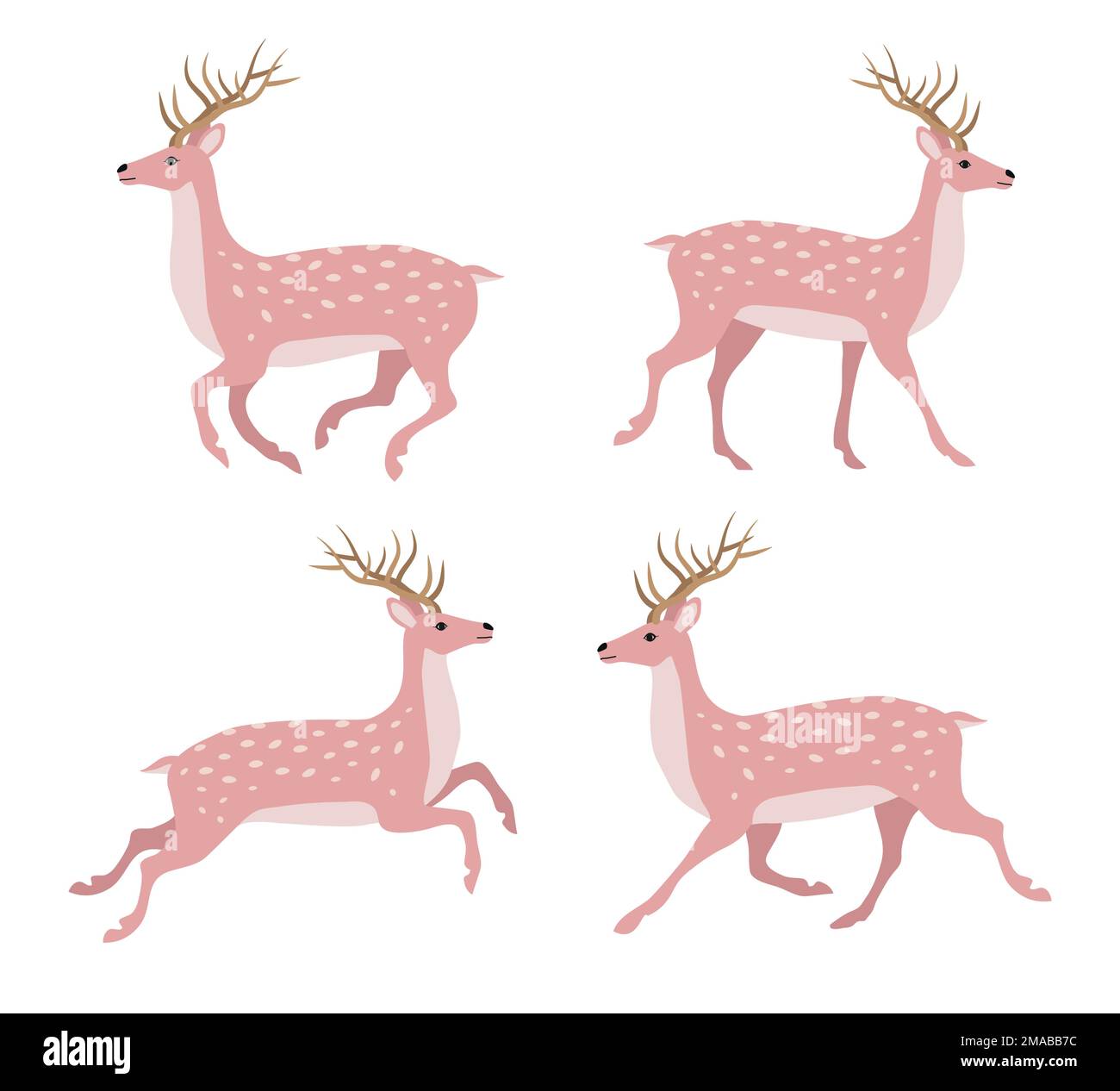 Vector set of flat hand drawn pink deer isolated on white background ...