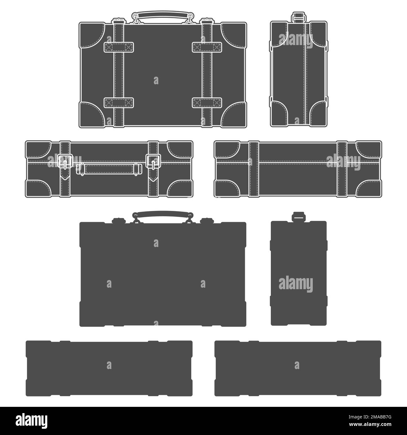 Set of black and white illustrations with leather retro suitcase, case. Isolated vector objects ...