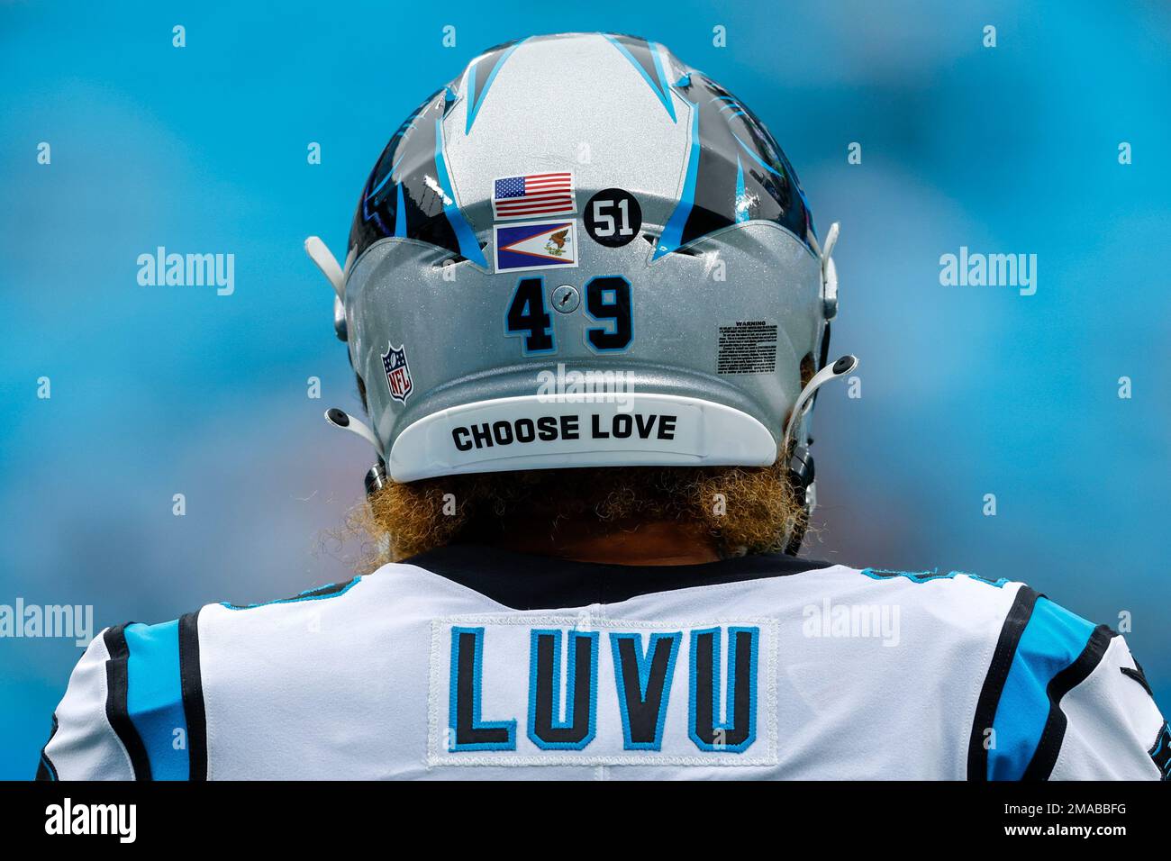 Carolina Panthers linebacker Frankie Luvu wears an American Samoa flag ...