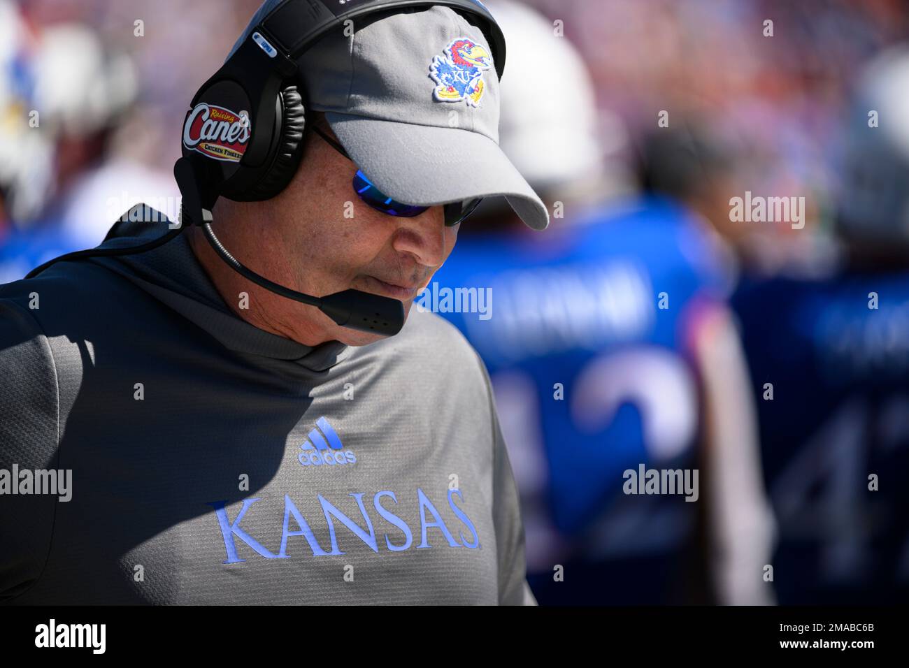 Kansas head coach Lance Leipold during an official timeout during in an ...