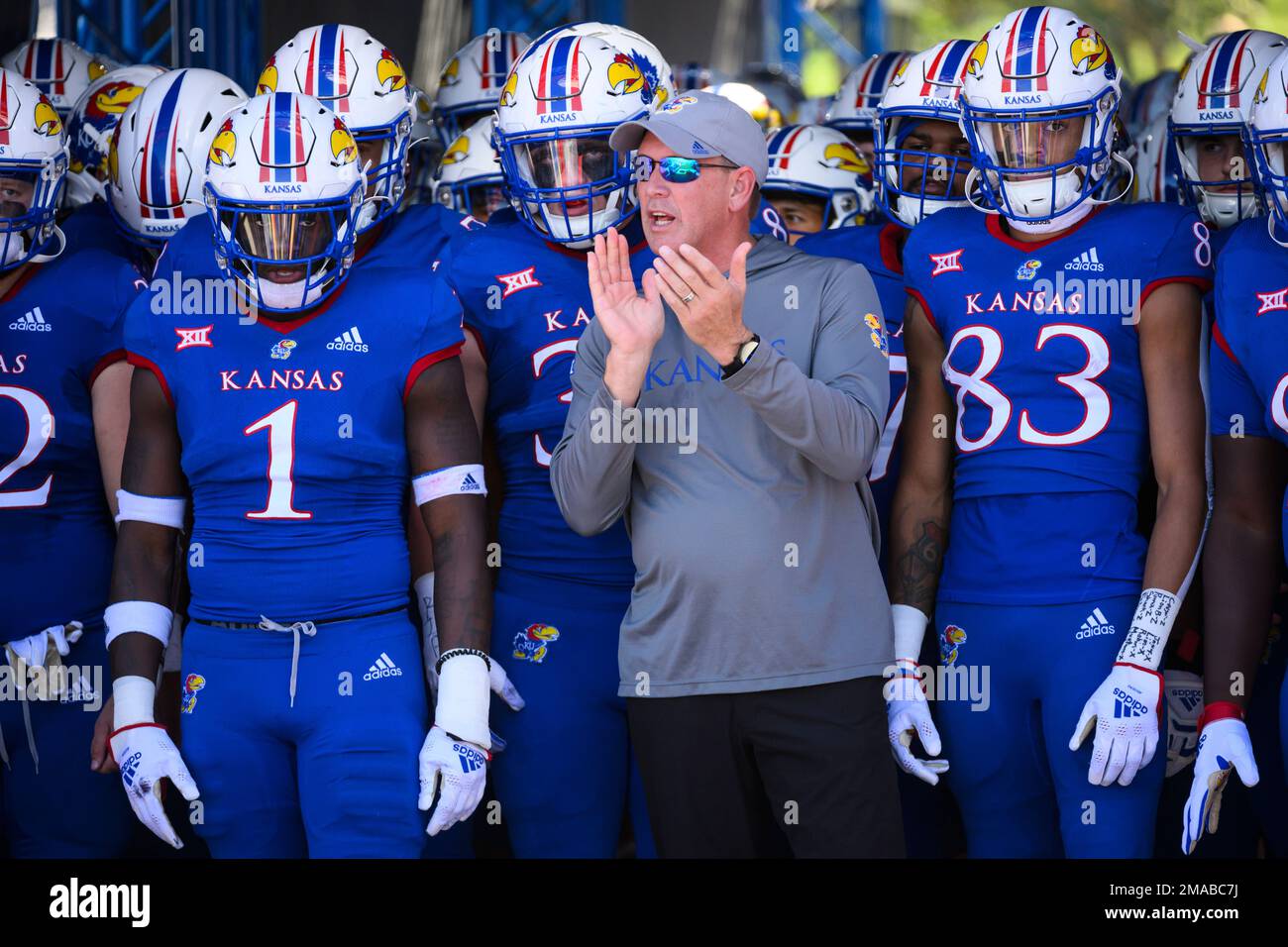 Kansas head coach Lance Leipold prepares to enter the field with his ...