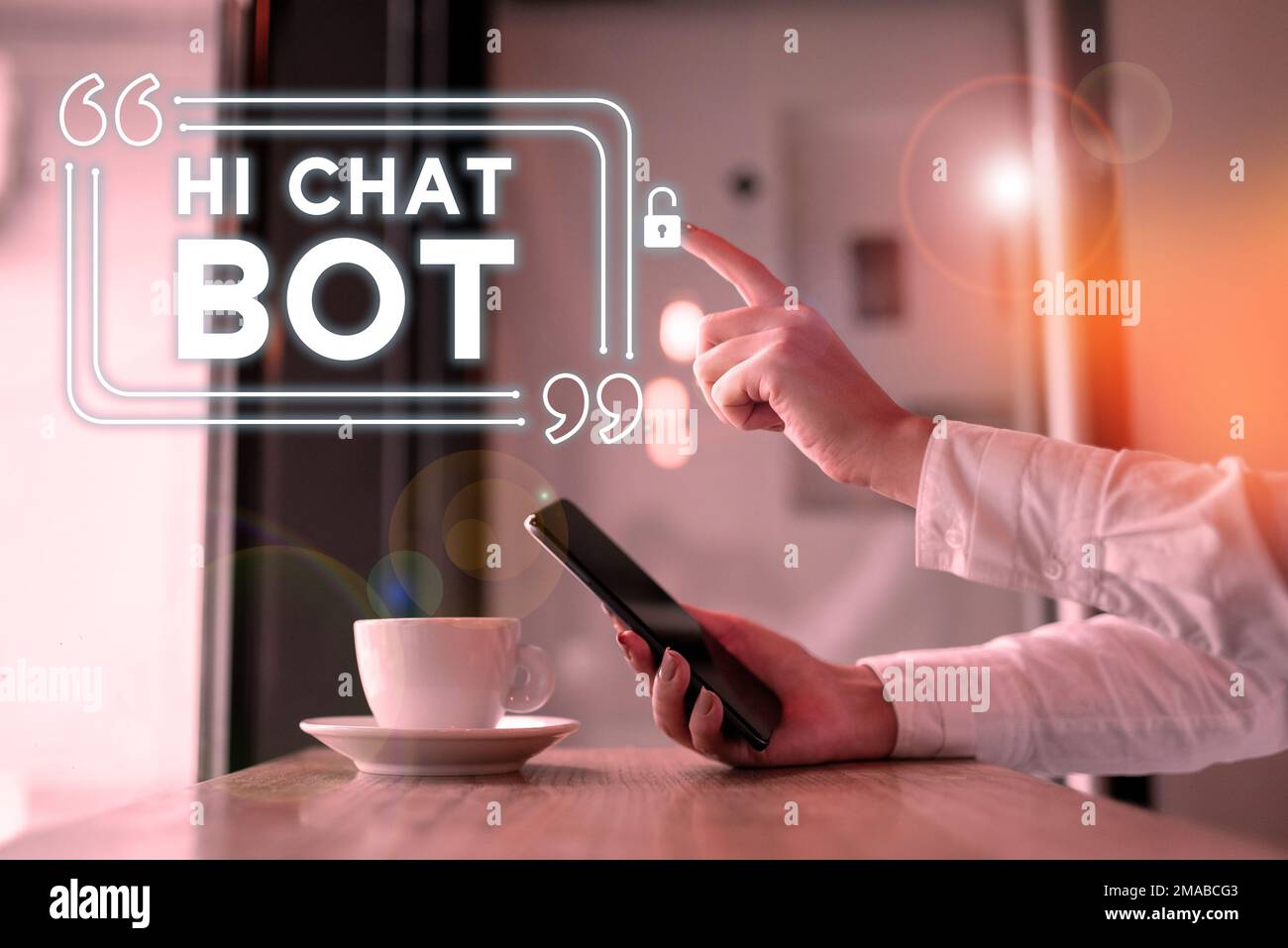 Text caption presenting Hi Chat Bot. Business idea Greeting to robot ...