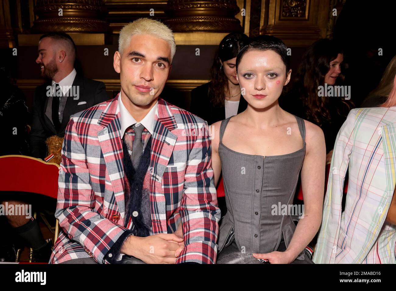 Reuben Selby, left, and Maisie Williams attend the Thom Browne ready-to ...