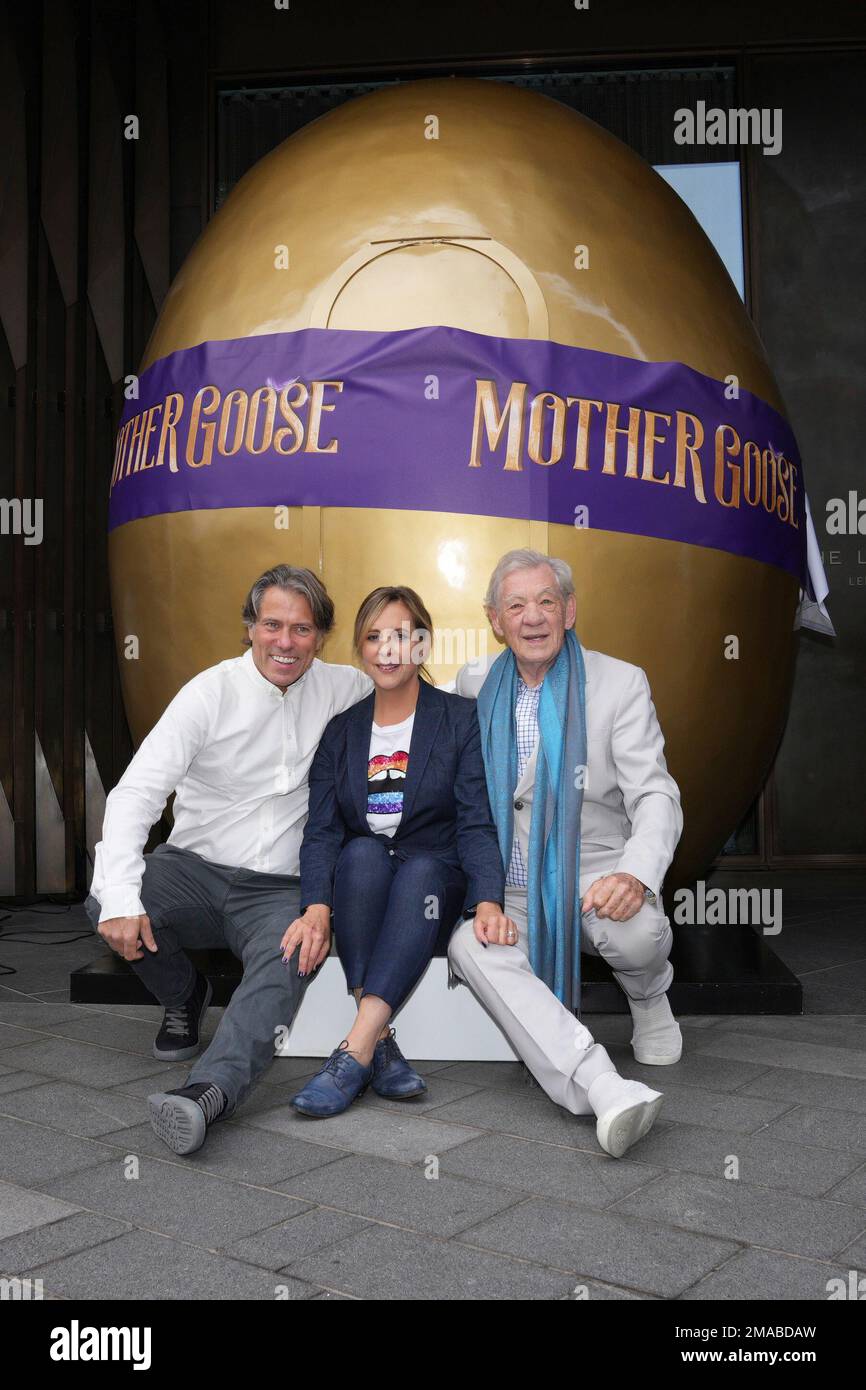 John Bishop, left, Mel Giedroyc and Sir Ian McKellen pose for ...