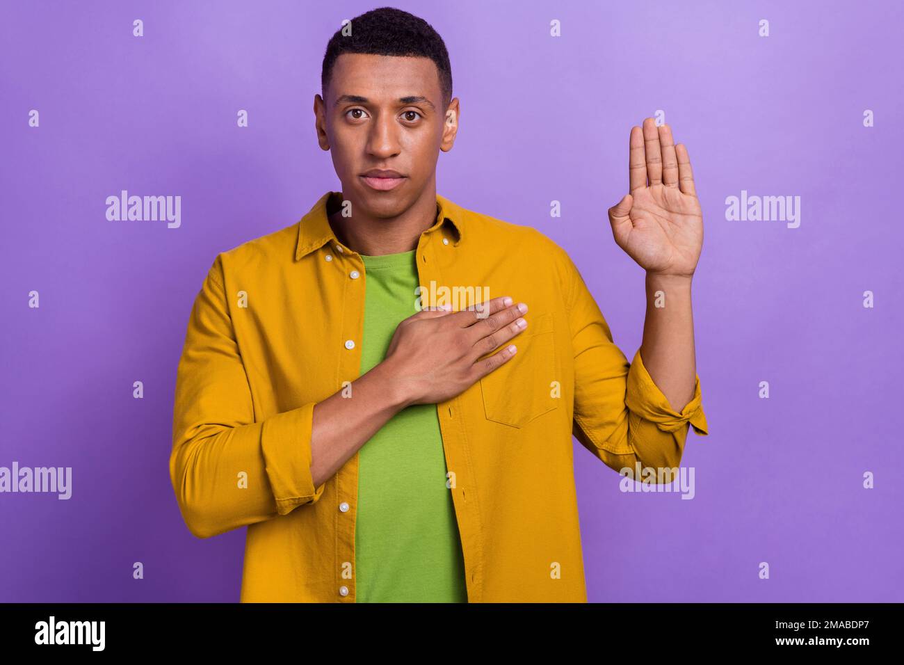 Photo portrait of nice young guy raise palm swear tell truth court ...