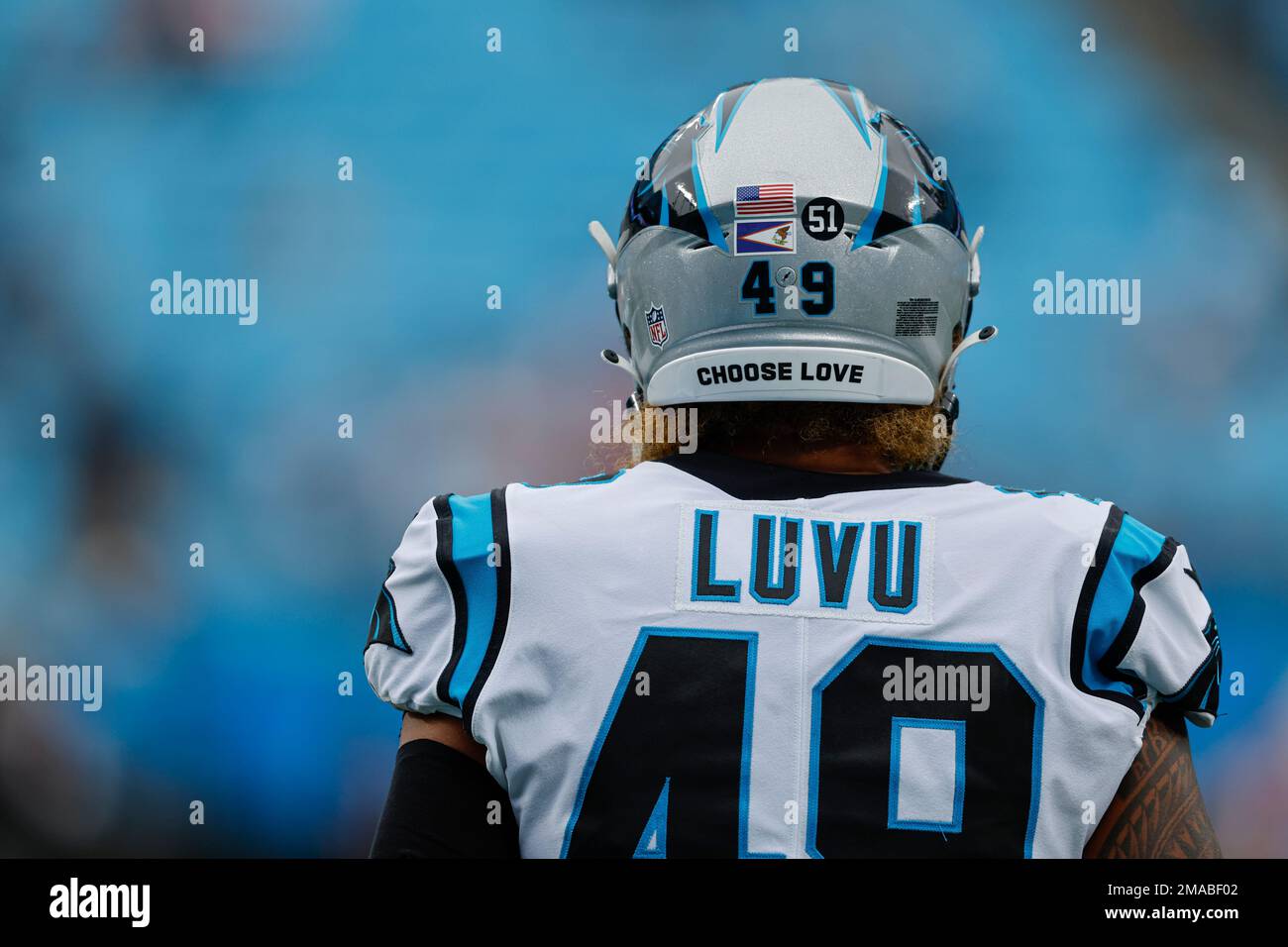 Carolina Panthers linebacker Frankie Luvu wears an American Samoa flag decal on his helmet ...