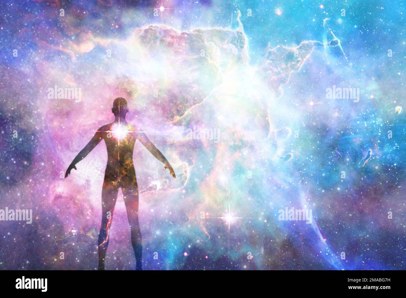 man silhouette and universe, soul searching, meditation, mindfulness ...