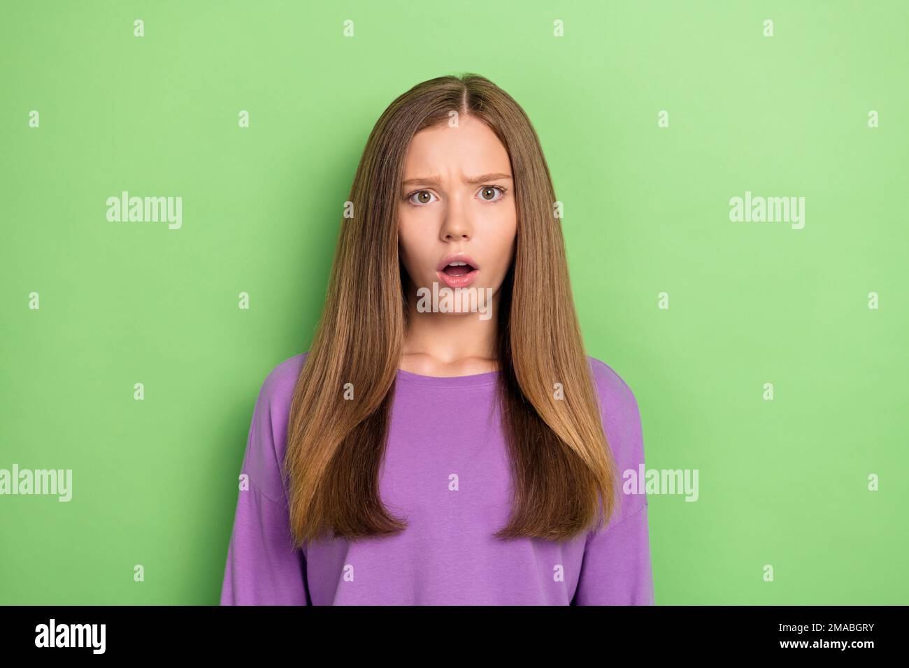 Photo of stressed depressed lady wear trendy clothes worried weird news ...