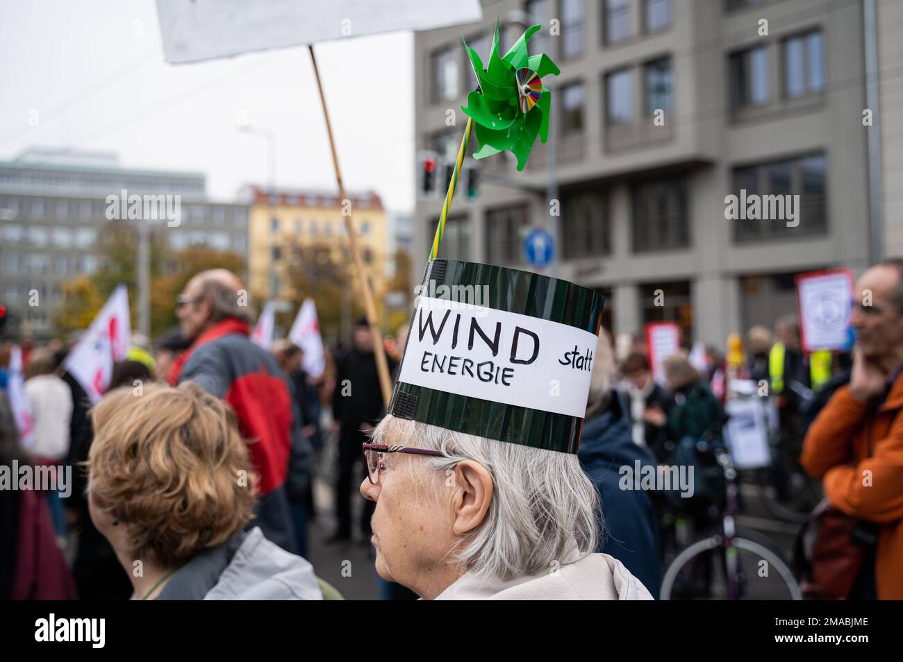 22.10.2022, Germany, , Berlin - A woman advocates for wind energy with ...