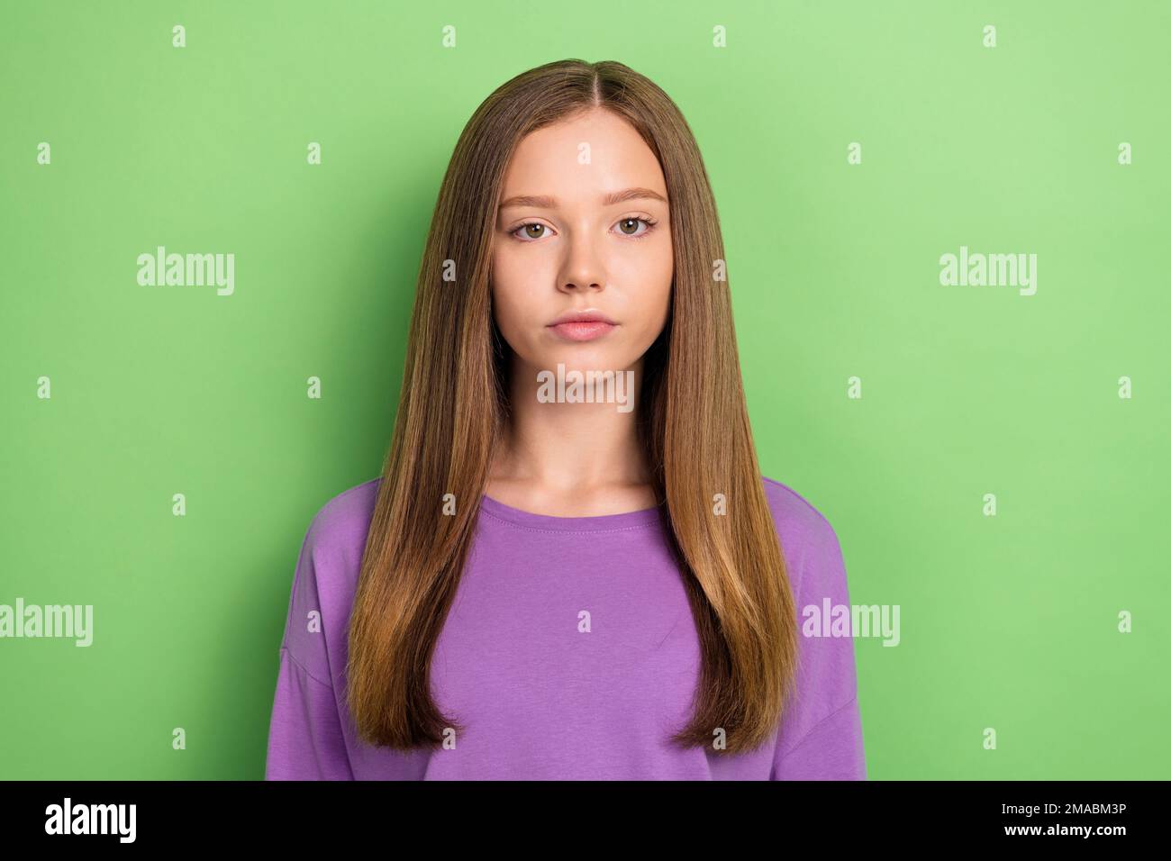 Photo of lovely nice lady long hair wear violet purple clothes sweater ...